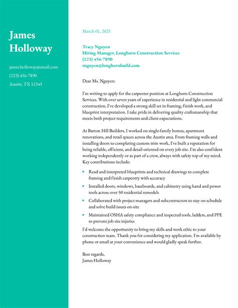 Carpentry Cover Letter