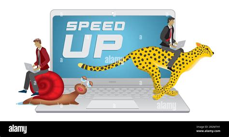 Man Running Fast With Laptop Riding Cheetah Slower Man Riding On Snail