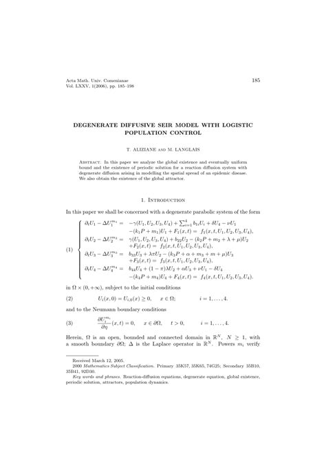 Pdf Degenerate Diffusive Seir Model With Logistic Population Control