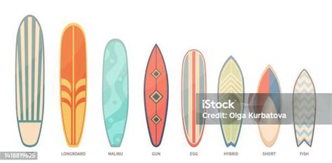 컬러 서핑 보드 세트 파도 여름 해변 활동 항목 바다 스포츠 정면보기 장비를 절단하기위한 무늬가있는 다양한 보드 롱보드 및 하이브리드 노와데이 벡터 분리 세트 서핑보드에