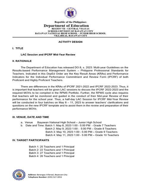 Activity Design Lac Session And Ipcrf Mid Year Review Final Pdf