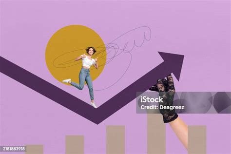 크리 에이 티브 콜라주 그림 젊은 여자 제스처 엄지 손가락 승인 같은 승인 좋은 동적 화살표 방향 개선 차트 25 29세에 대한 스톡 사진 및 기타 이미지 Istock