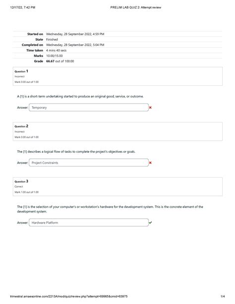 Prelim Lab Quiz 2 Attempt Review Started On Wednesday 28 September 2022 459 Pm State