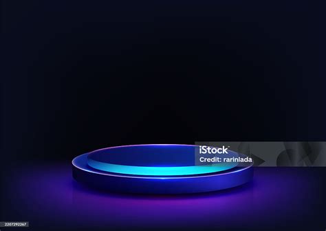3d 라운드 네온 연단 어두운 배경에 빛나는 기술 모형 제품 디스플레이 쇼케이스 미래 무대 3차원 형태에 대한 스톡 벡터 아트 및 기타 이미지 3차원 형태 건설 플랫폼