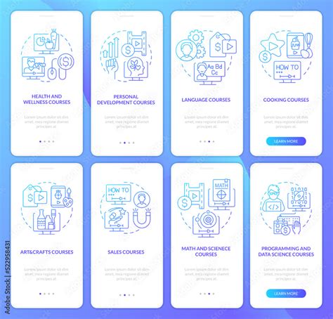 Online Education Fields Blue Gradient Onboarding Mobile App Screen Set
