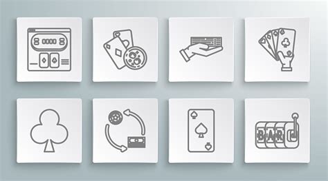 클럽 기호와 라인 재생 카드 카지노 칩 스택 달러에 교환 스페이드 슬롯 머신 핸드 홀딩 데크 재생 온라인 포커 테이블 게임 아이콘 벡터 가능성에 대한 스톡 벡터 아트 및