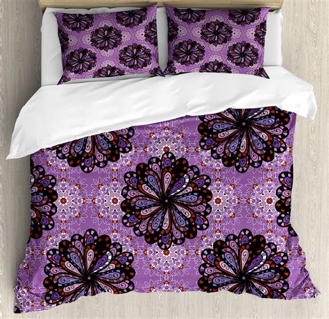 Purple Mandala Duvet Cover Set Vintage Beauty Boho Round Motif Art