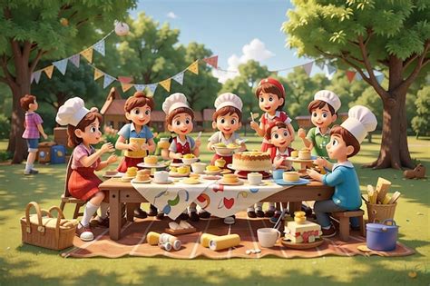 Cartoon Characters Picnic While Cake Bakes Premium Ai Generated Image