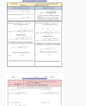 Unit Review Solving Quadratics Factoring Square Root Quadratic Formula COMBO
