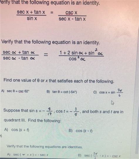 Solved Verify That The Following Equation Is An Identity