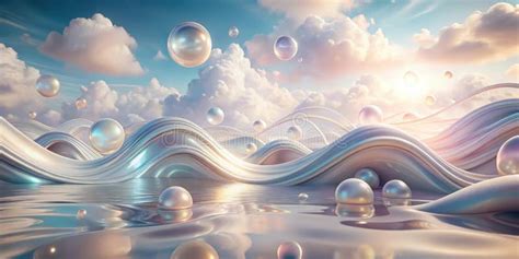 Serene Pearl Dreamscape Abstract Waves Of Light And Reflective Spheres In A Calm Cloudy Sky