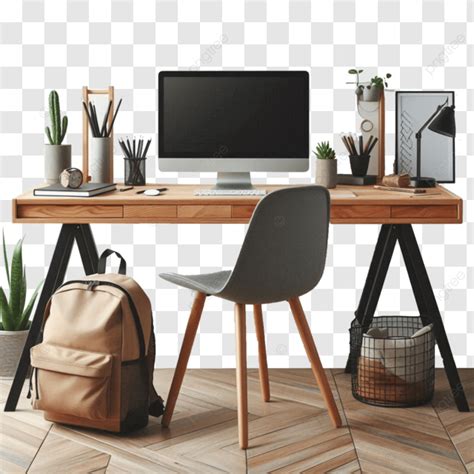 의자와 가방이 있는 책상 위의 컴퓨터 랩탑 책상 가방 Png 일러스트 및 이미지 에 대한 무료 다운로드 Pngtree