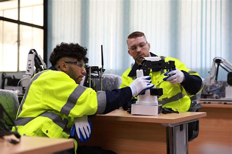 Ai 및 로봇 교육 수업의 기술자 및 엔지니어 제조 자동화 및 로봇 공학 교실에서 Ai 로봇 Kit 장비 및 사물 서비스 로봇의 인공 지능 교육 2명에 대한 스톡 사진 및