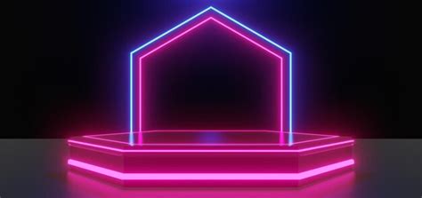 3d 일러스트레이션 렌더링 게임 플레이어 배경 추상화 된 벽지 사이버 크 스타일 메타버스 Sf 게임 무대 장면의 네온 반임 기단 방 프리미엄 사진