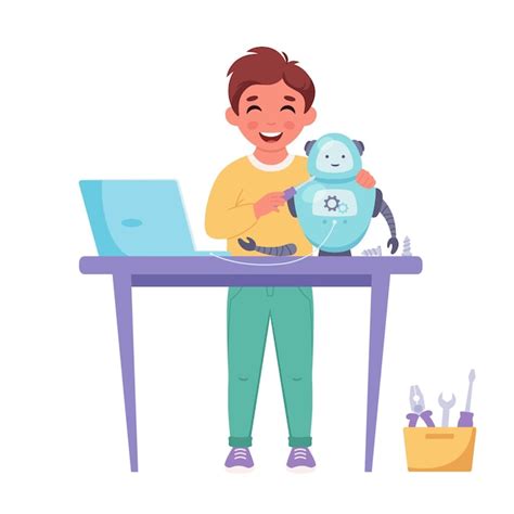 Premium Vector Little Boy Creating A Robot Robotics Programming And