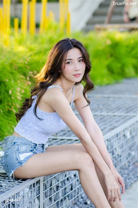 Thailand Model Baiyok Panachon Cute White Crop Top And Short Jean