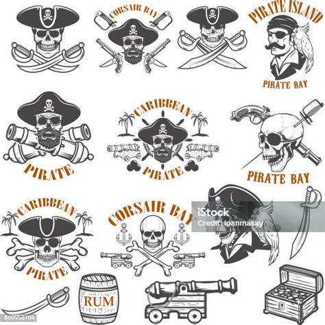 해 적 엠 블 럼 흰색 배경에 고립의 집합입니다 레이블 상징 기호에 대 한 디자인 요소입니다 벡터 일러스트 레이 션 검은색에 대한 스톡 벡터 아트 및 기타 이미지 Istock