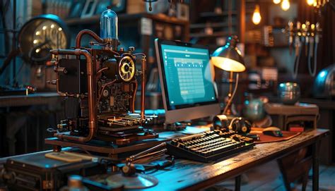 Premium Photo Computer In Steampunk Style On A Table On A Blurred Background Of The Room