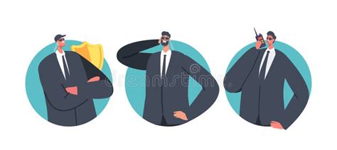 Professional Security Male Characters Isolated Round Icons Or Avatars Men Safeguards