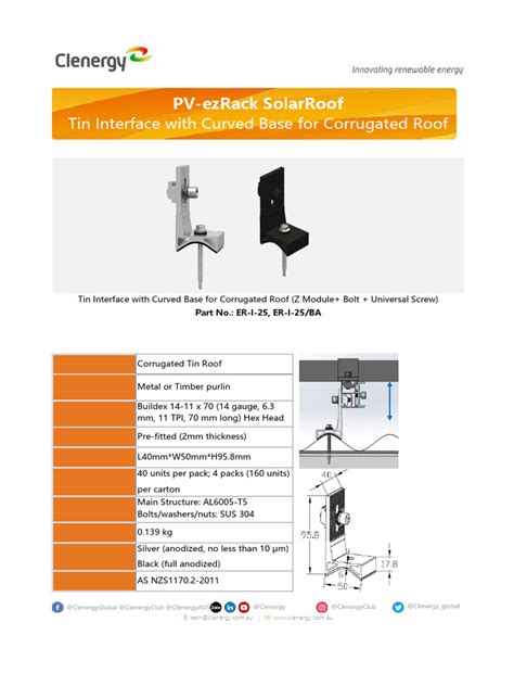 Clenergy Pv Ezrack Solarroof Tin Interface With Curved Base For Corrugated Roof Silver And Black