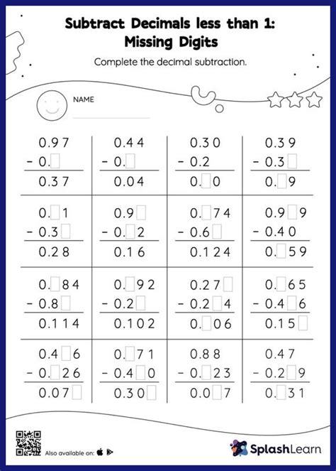 Subtract Decimals Less Than 1 Missing Digits Math Worksheets