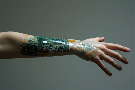 Human Arm With Cybernetic Implants Showcasing Nanotechnology Integration With Computer Board In