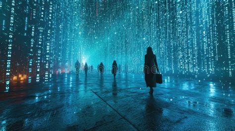 The Group People Try Searching Something In Digital Matrix Binary Code