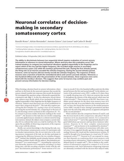 Pdf Neuronal Correlates Of Decision Making In Secondary Somatosensory