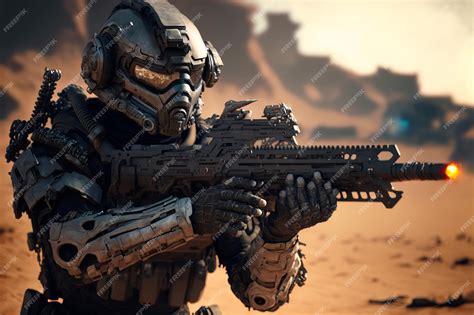 Premium Photo Generative Ai Illustration Of Soldier In Futuristic Armor Aiming High Tech Rifle