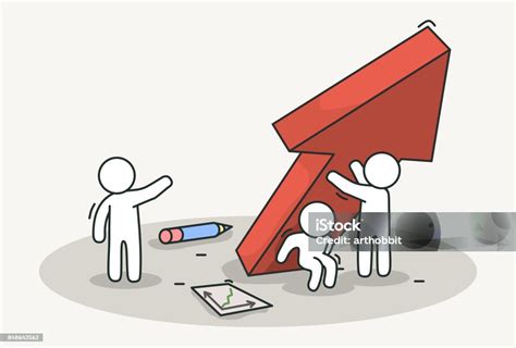 작은 백색 사람들 빨간 차트 화살표를 올립니다 팀웍과 성공 개념입니다 그려진된 만화를 손 또는 디자인 스케치 개념에 대한 스톡