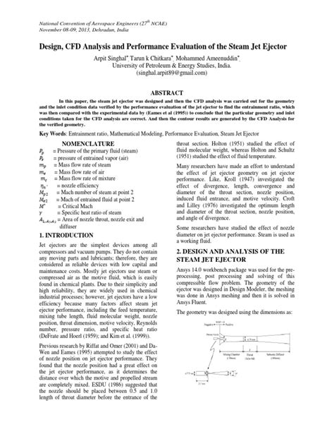 Design And Performance Evaluation Of Steam Ejector Pdf Jet Engine
