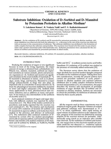 Substrate Inhibition Oxidation Of D Sorbitol And D Mannitol By Potassium Periodate In