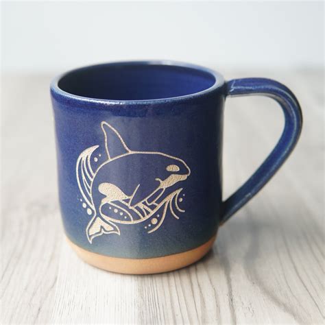 Orca Whale Mug Handmade Rustic Pottery In Black White Or Cobalt Blue