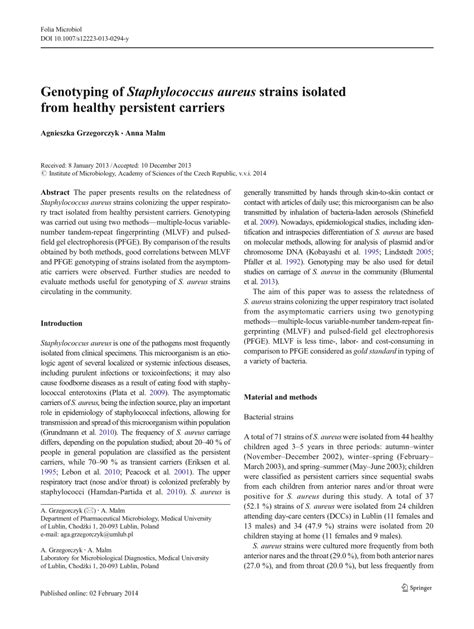 Pdf Genotyping Of Staphylococcus Aureus Strains Isolated From Healthy Persistent Carriers