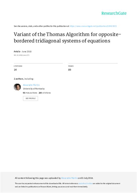 Pdf Variant Of The Thomas Algorithm For Opposite‐bordered Tridiagonal