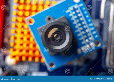 Camera With Lens On Electronic Integrated Circuit Board Concept Of High Technology And Robotics