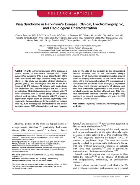 Pdf Pisa Syndrome In Parkinsons Disease Clinical Electromyographic