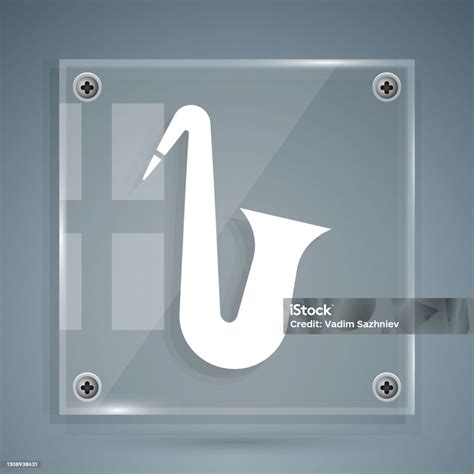 회색 배경에 고립 된 흰색 악기 색소폰 아이콘 정사각형 유리 패널 벡터 Classical Concert에 대한 스톡 벡터 아트 및 기타 이미지 Classical