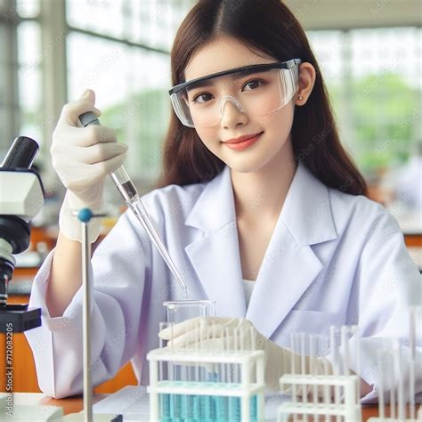 A Babe Girl Wearing Lab Coat And Goggles Doing A Titration Of Chemistry Experiment In A
