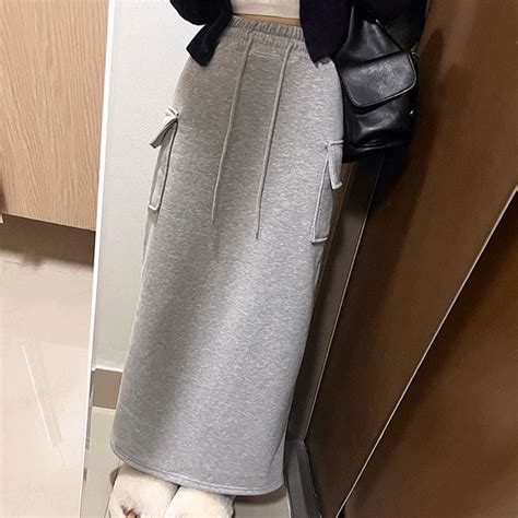 융기모부해보임x 기모 밍크 융 카고 밴딩 트레이닝 겨울 롱 치마 스커트 에이블리