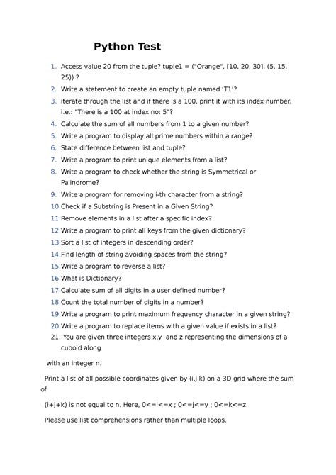 list string dictionary tuple for while test python test access value