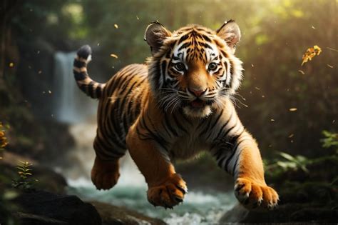 Premium Ai Image A Tiger Cub Is Jumping In The Air