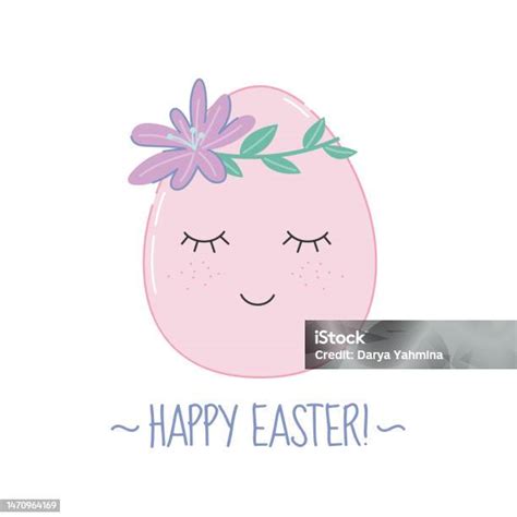귀여운 졸린 얼굴과 플랫 스타일의 봄 꽃 화환을 가진 축제 다채로운 부활절 달걀 캐릭터 공휴일에 대한 스톡 벡터 아트 및 기타 이미지 공휴일 귀여운 꽃 식물 Istock