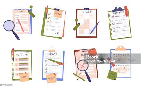쇼핑 할 일 목록 일정 체크리스트 계획 작업 및 달력 종이 시트가 설정된 클립보드 리스트에 대한 스톡 벡터 아트 및 기타 이미지 리스트 알림목록 일러스트레이션