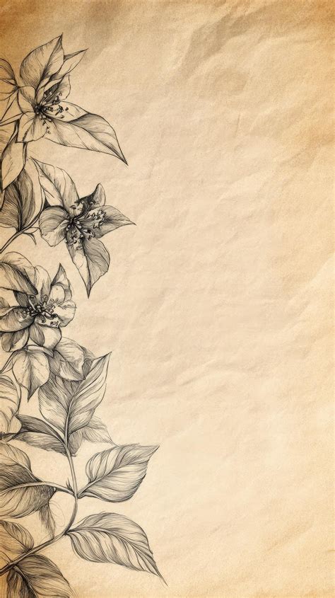 Large Blank White Paper With Vintage Ink Drawings Of Leaves And Flowers