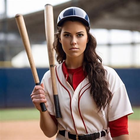 Female Player With Baseball Bat Front View Premium Ai Generated Image