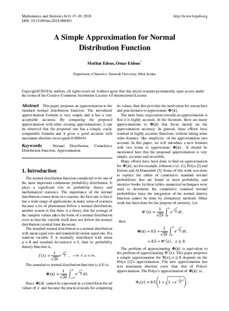 pdf a simple approximation for normal distribution function
