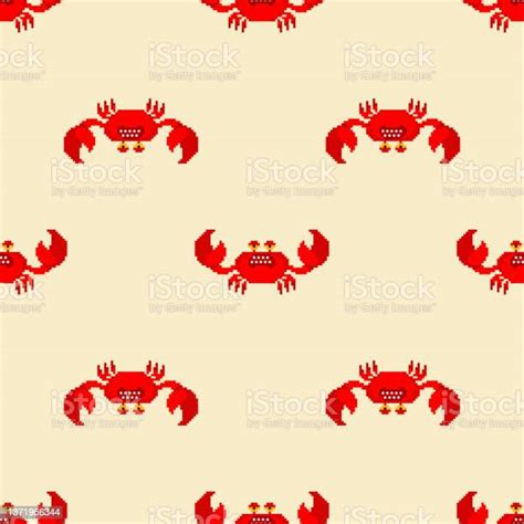 게 픽셀 아트 패턴이 매끄럽습니다 8 비트 바다 암 빨간 배경 픽셀화 된 벡터 그림입니다 베이비 패브릭 텍스처 갈고리 발톱에 대한 스톡 벡터 아트 및 기타 이미지 Istock