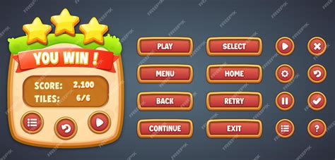 은 게임 Ui 키트 만화 게임 인터페이스 버튼과 편집 가능한 텍스트 효과 아이콘 팝업 프리미엄 벡터