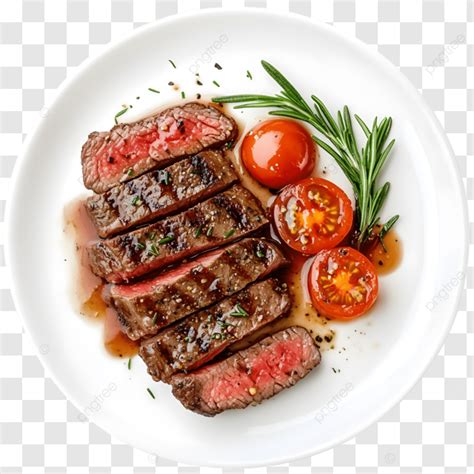 흰색 배경에 분리된 접시에 토마토와 로즈마리를 곁들인 구운 쇠고기 스테이크 구운 것 슬라이스 배경 Png 일러스트 및